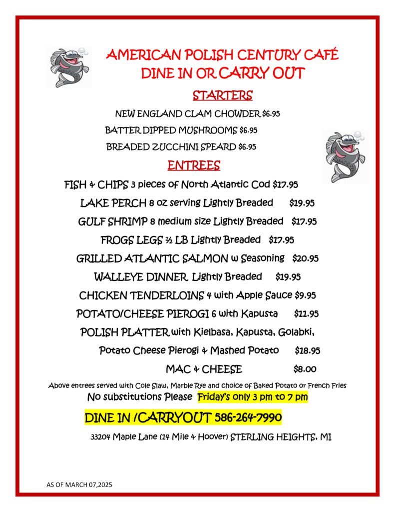 Friday Fish Dinner Menu — Century Banquet Center